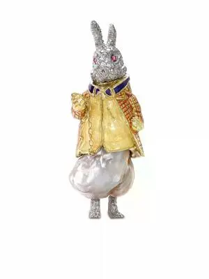 PRAGNELL 18kt Gold Edwardian Baroque Pearl, Diamond, And Ruby Rabbit Brooch - Silver