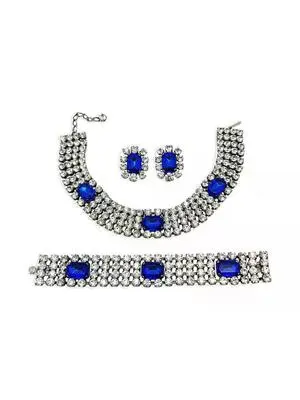 JENNIFER GIBSON JEWELLERY 1980s Crystal Choker, Cuff, And Earrings Set - Silver