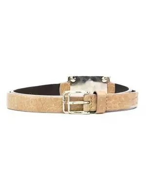 Gianfranco Ferre Crocodile-embossed Leather Belt With Gold-tone Logo Plaque - Neutrals