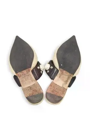 JIMMY CHOO Raffia Pointed Toe Flat Sole Mules With Pearl And Stud Embellishment