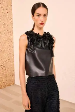 Ulla Johnson Marlowe Floral Applique Leather Top - Noir