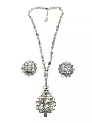 Dior 1970s Art Deco Pendant Necklace & Earrings - Silver