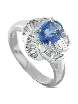 LB EXCLUSIVE Platinum Diamond And Sapphire Halo Ring - Silver