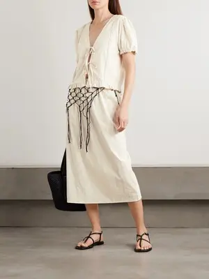DEIJI STUDIOS Pintuck Tie-detailed Checked Cotton-poplin Blouse - Neutrals