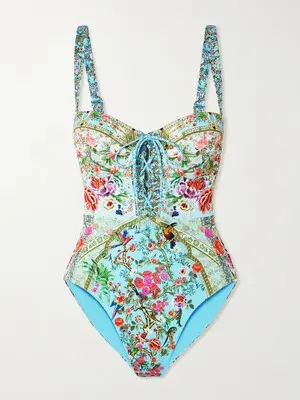 Camilla Lace-up Crystal-embellished Printed Recycled Swimsuit - Multi
