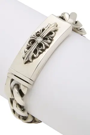 Chrome Hearts Sterling Diamond Floral Cross Id Bracelet - Silver