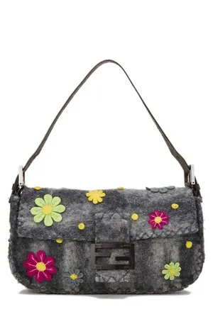 Fendi Felt Floral Appliqué Baguette - Grey