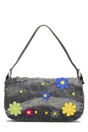 Fendi Felt Floral Appliqué Baguette - Grey