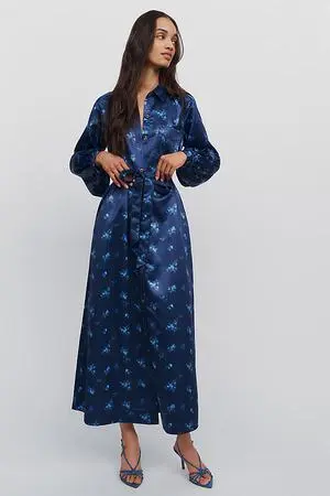 Maeve Mona Silken Maxi Shirtdress - Blue Pattern