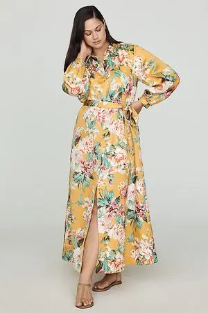 Maeve Mona Silken Maxi Shirtdress - Yellow Pattern