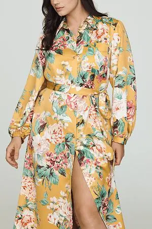 Maeve Mona Silken Maxi Shirtdress - Yellow Pattern