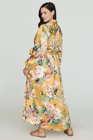 Maeve Mona Silken Maxi Shirtdress - Yellow Pattern