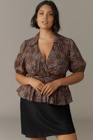 HUTCH Fowler Puff-sleeve Peplum Top - Brown Pattern
