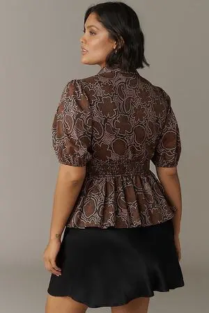HUTCH Fowler Puff-sleeve Peplum Top - Brown Pattern