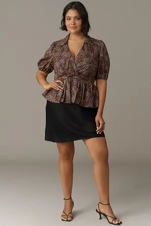 HUTCH Fowler Puff-sleeve Peplum Top - Brown Pattern