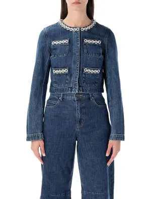 SELF-PORTRAIT Cropped Denim Jacket With Crystal Chain Trims