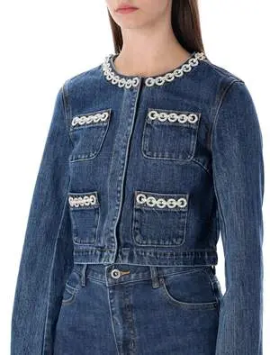 SELF-PORTRAIT Cropped Denim Jacket With Crystal Chain Trims