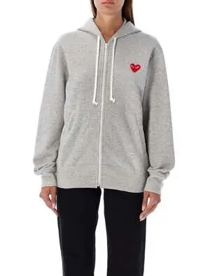 Play Comme Des Garcon Cotton Zipped Hoodie With Red Heart Patch - Grey