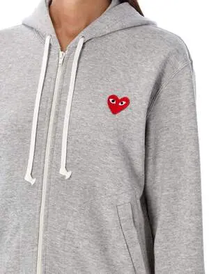 Play Comme Des Garcon Cotton Zipped Hoodie With Red Heart Patch - Grey