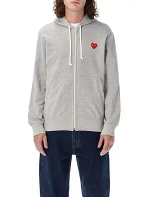 Play Comme Des Garcon Cotton Zipped Hoodie With Red Heart Patch - Grey