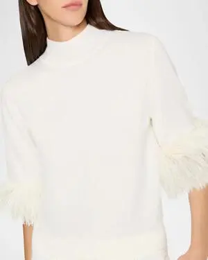 MILLY Mock-neck Feather Cuff Sweater - Ecru