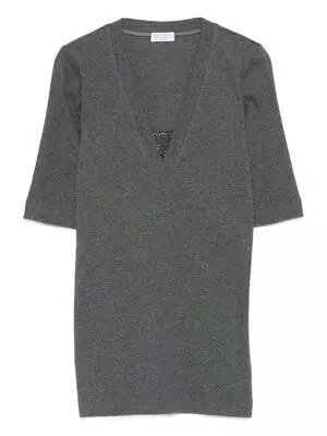 Brunello Cucinelli V-neck Embellished T-shirt - Grey