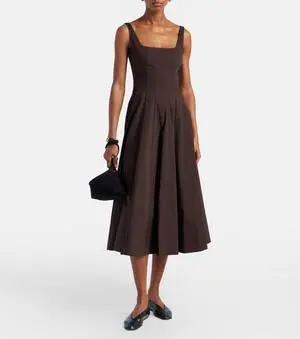 Staud Pleated Cotton Midi Dress - Brown