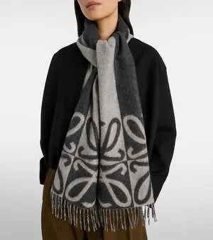 Loewe Anagram Wool And Cashmere Scarf - Grey