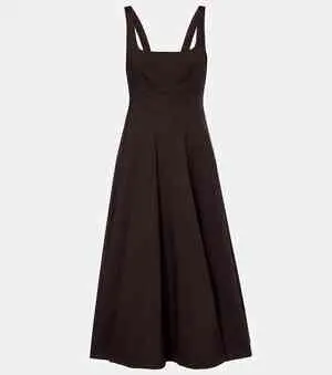 Staud Pleated Cotton Midi Dress - Brown