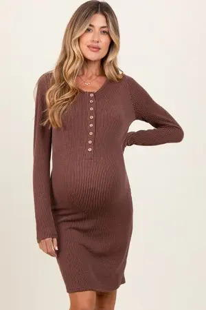 PINKBLUSH Ribbed Long Sleeve Half Button Fitted Dress