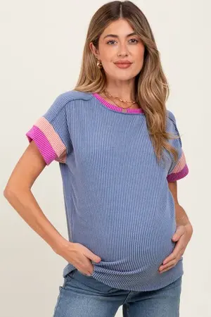 PINKBLUSH Ribbed Colorblock Detail Short Sleeve Top - Blue