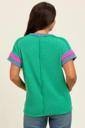 PINKBLUSH Ribbed Colorblock Detail Short Sleeve Top - Green