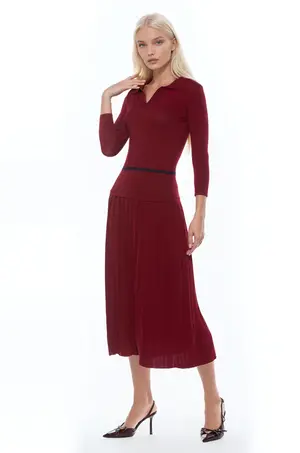 ALEXIA ADMOR Sable Knit Midi Dress With Pleats - Burgundy