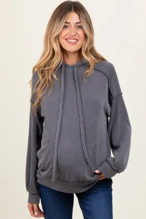 PINKBLUSH Ribbed Front Pocket Drawstring Hoodie - Charcoal Grey
