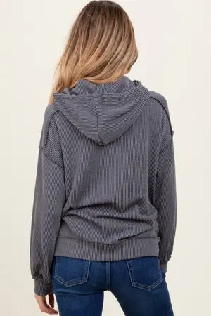 PINKBLUSH Ribbed Front Pocket Drawstring Hoodie - Charcoal Grey