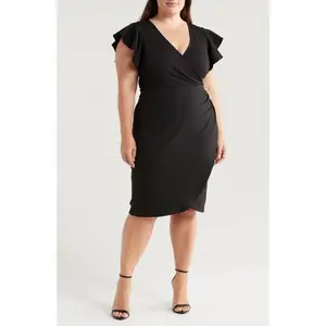 24SEVEN COMFORT APPAREL Ruffle Sleeve Stretch Faux Wrap Dress - Black