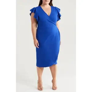 24SEVEN COMFORT APPAREL Ruffle Sleeve Stretch Faux Wrap Dress - Royal