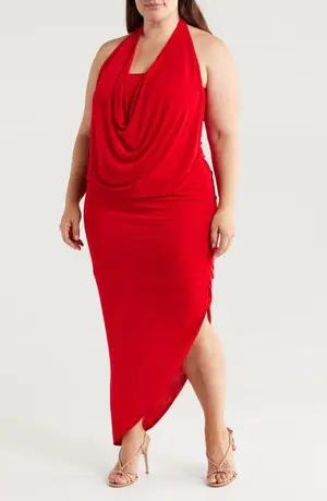 24SEVEN COMFORT APPAREL Cowl Neck Asymmetric Hem Stretch Dress - Red