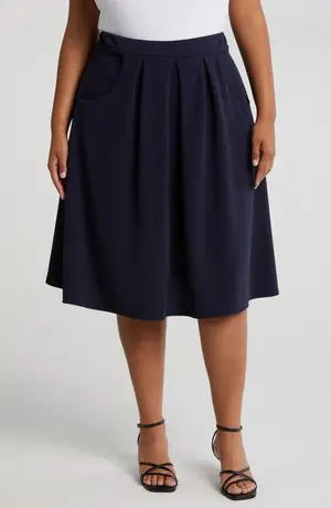24SEVEN COMFORT APPAREL Pleated Elastic Waist Midi Skirt - Navy