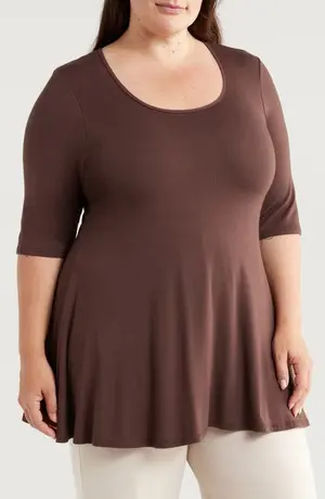 24SEVEN COMFORT APPAREL Asymmetrical Hem Tunic Top - Brown
