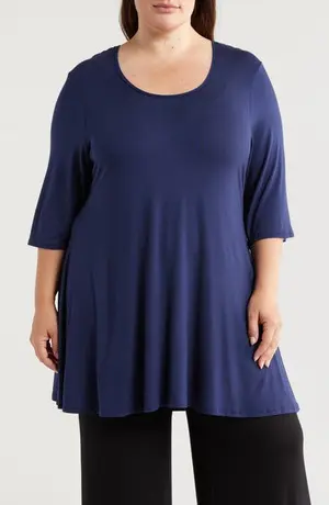 24SEVEN COMFORT APPAREL Asymmetrical Hem Tunic Top - Navy