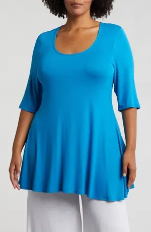 24SEVEN COMFORT APPAREL Asymmetrical Hem Tunic Top - Turquoise