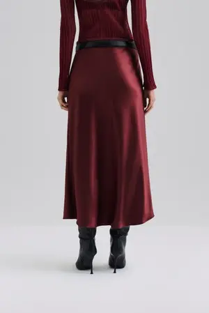 MALINA Aubree Satin Midi Skirt - Wine