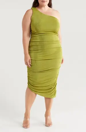 24SEVEN COMFORT APPAREL One-shoulder Ruched Bodycon Dress - Avocado