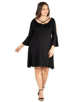 24SEVEN COMFORT APPAREL Crisscross Neck Cold Shoulder Dress - Black