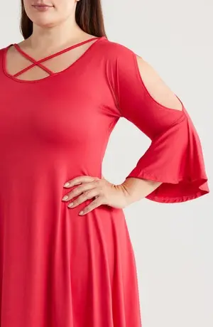 24SEVEN COMFORT APPAREL Crisscross Neck Cold Shoulder Dress - Red