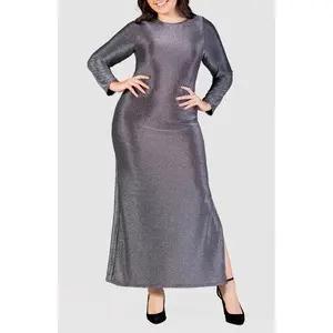 24SEVEN COMFORT APPAREL Shimmery Long Sleeve Maxi Dress - Silver
