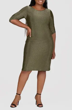 24SEVEN COMFORT APPAREL Shimmer Knit Body-con Dress - Gold