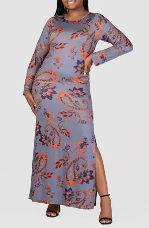 24SEVEN COMFORT APPAREL Paisley Print Long Sleeve Maxi Dress - Orange Multi