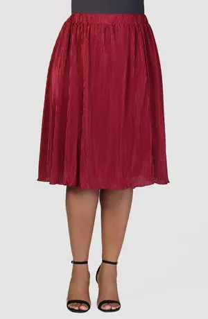 24SEVEN COMFORT APPAREL Shimmery Pleated Midi Skirt - Wine